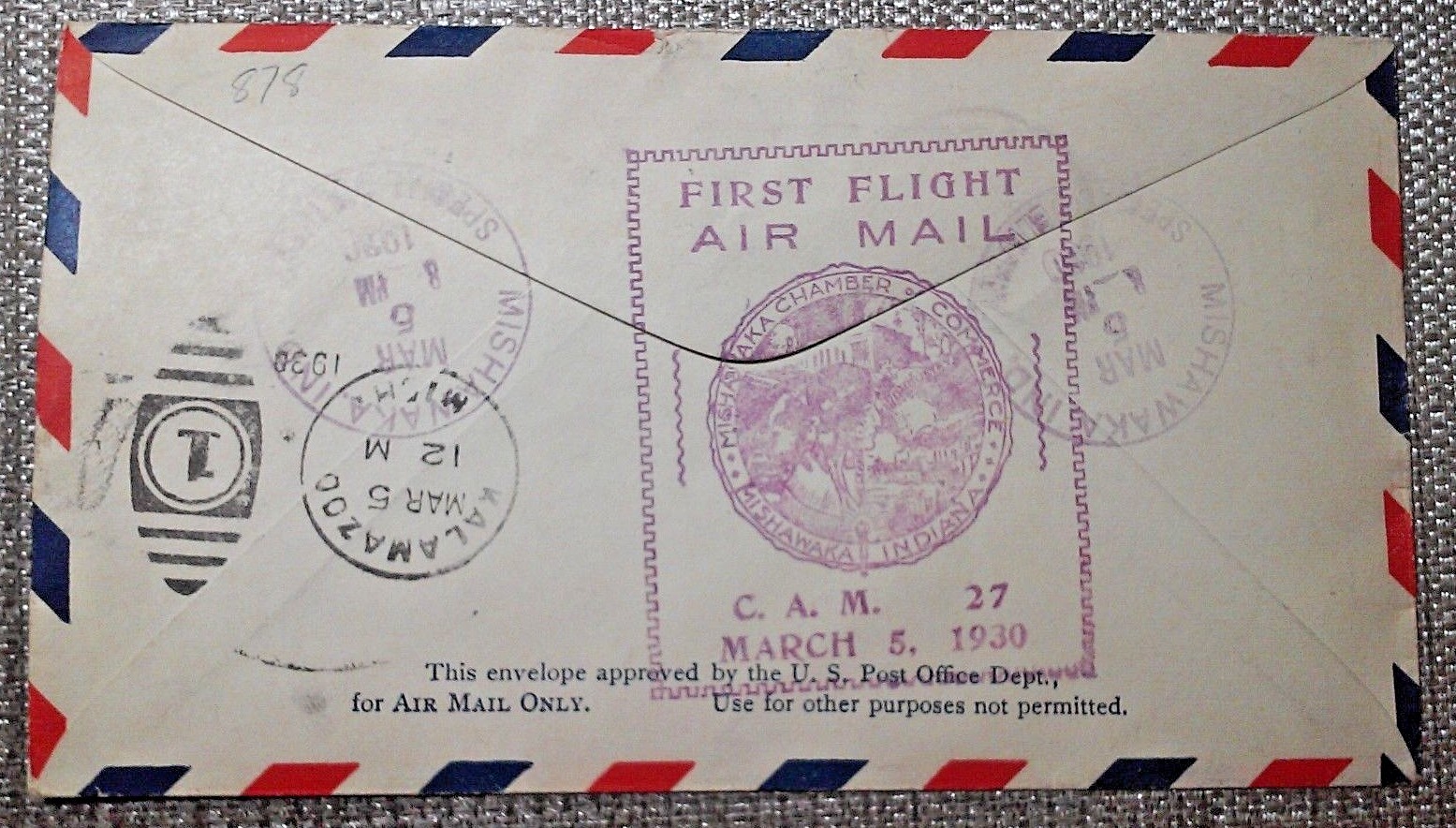 3/5/1930 First Flight Cover Mishawaka IN, Kalamazoo MI CAM27 special ...