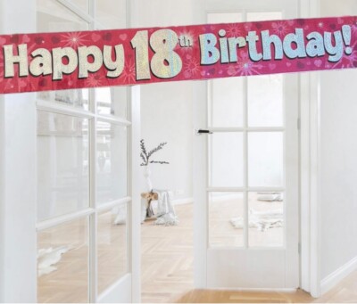 Pink silver theme happy 18th birthday 9ft foil banner door wall party ...