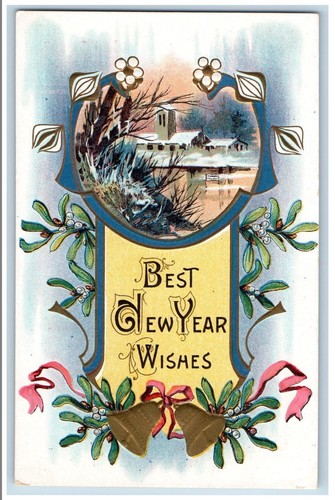 New Year Postcard Mistletoe Winter Scene Embossed c1910's Unposted Antique | eBay