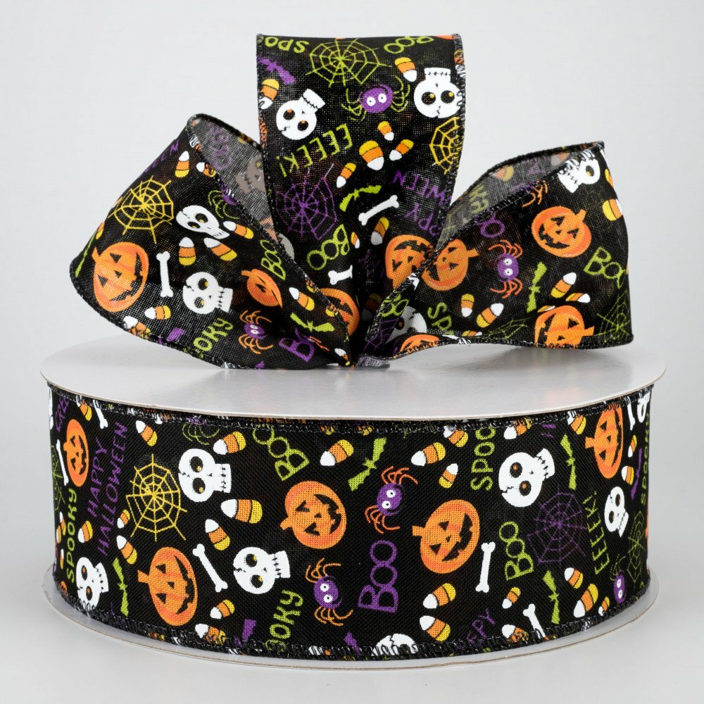 2 1/2" wired Halloween ribbon skulls candy corn spiders bats linen ...