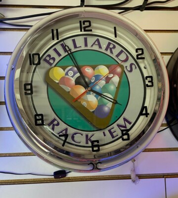 Billiards Rack 'Em Pool Balls Double Ring Neon Clock 18" Billiard ...