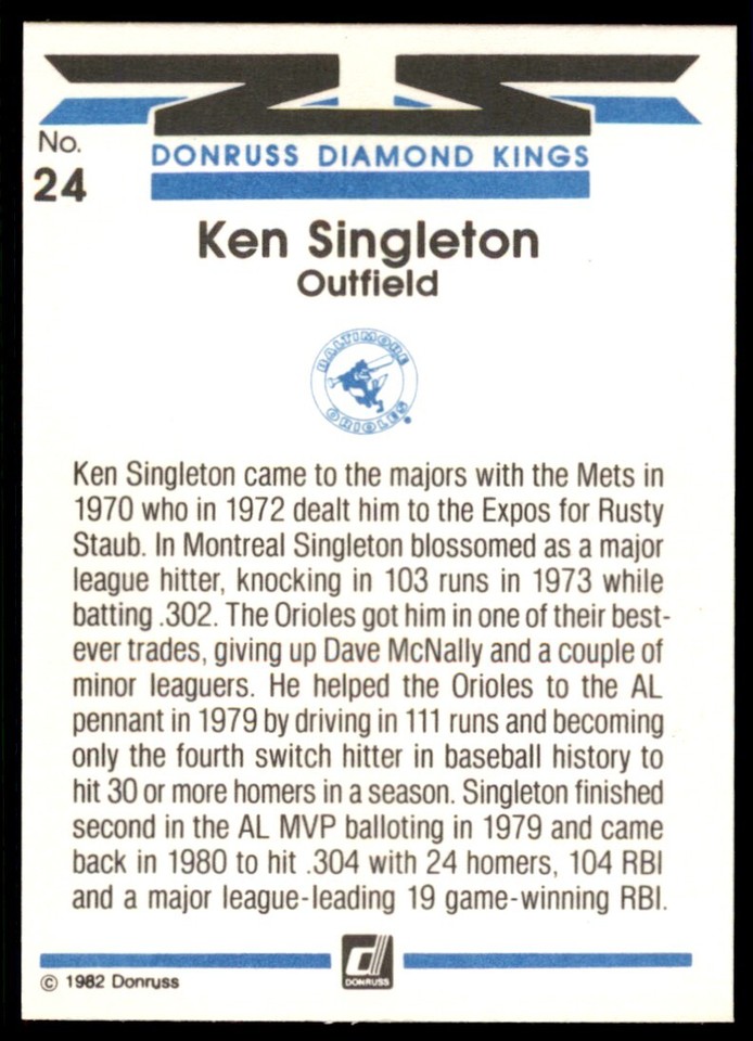 Ken Singleton 1982 Donruss Diamond Kings Card #24 Baltimore Orioles | eBay