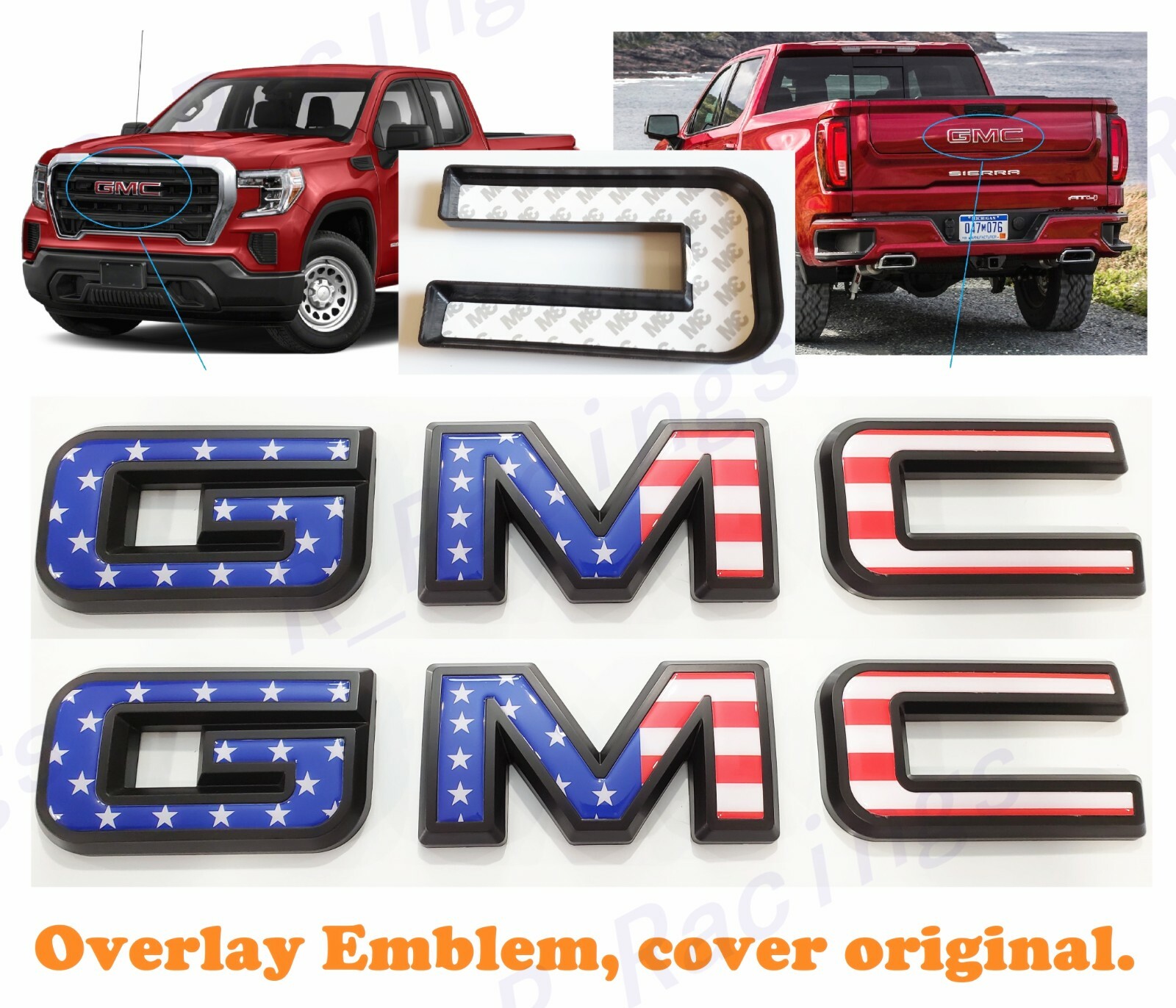 Front Rear Blue USA Flag Emblem Overlay 2019-2025 GMC Sierra 1500 ...