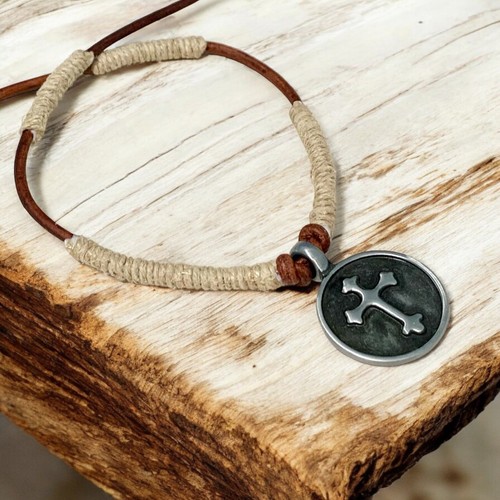 Rustic Leather & Hemp Necklace with Pewter Cross – Handmade Boho ...