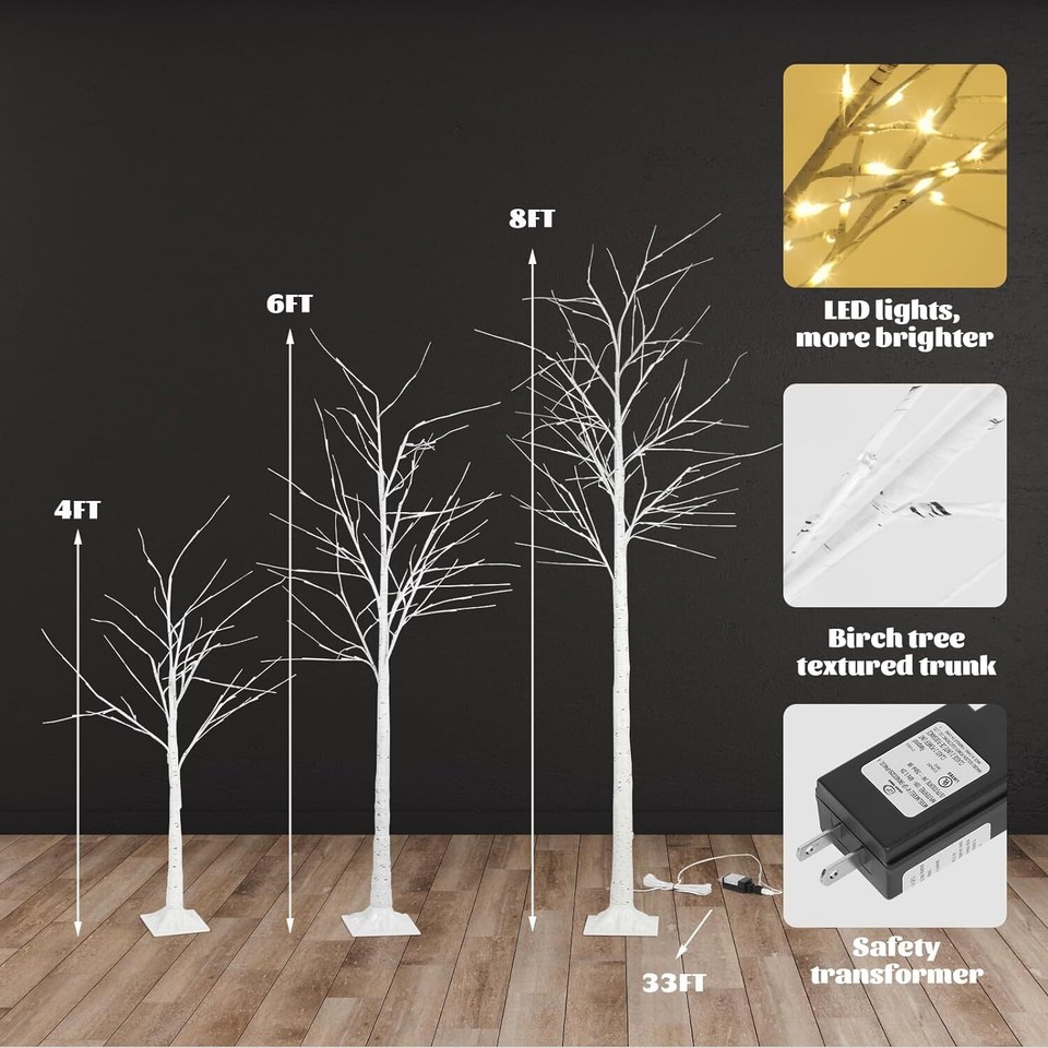 3PCS Lighted Birch Tree,4FT 6FT 8FT Birch Tree w/Fairy Lights Home ...
