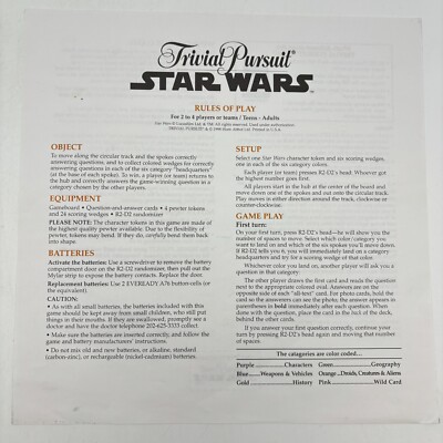Trivial Pursuit Star Wars Classic Trilogy Instructions 1997 Replacement ...