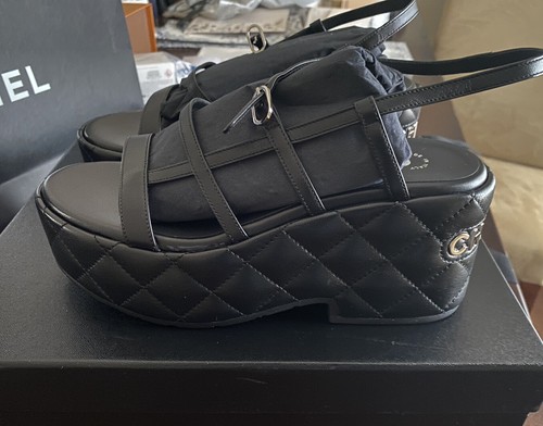 NIB authentic CHANEL Platform Sandals Black Leather Calfskin Wedge ...