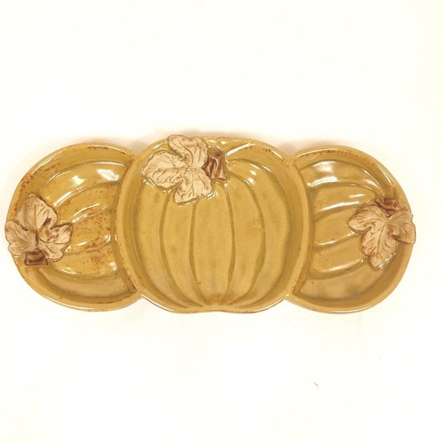 Ceramic 3 Section Harvest Pumpkin Leaves Tan Cream Treat Plate Dish ...