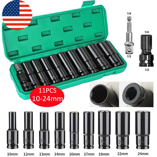 Impact Sockets Set 1/2Inch Drive 10 PCS Metric 10mm-24mm Deep 6-Point ...