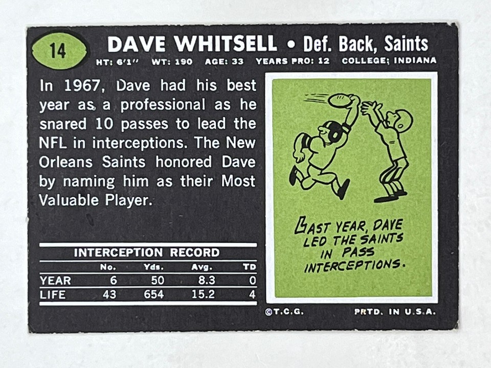 Dave Whitsell 1969 Topps #14 Sports NFL New Orleans Saints Vintage ...