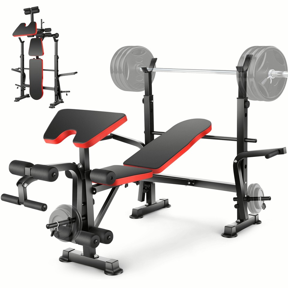 Adjustable Incline Seat Weight Bench 600LBS Multi-Function w/ Barbell ...