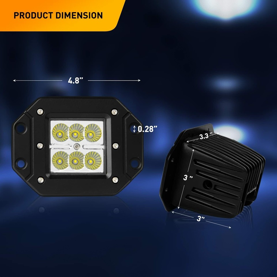 2PCS LED Work Light 18W Flood Beam Pods Flush Mount Off Road Backup ...