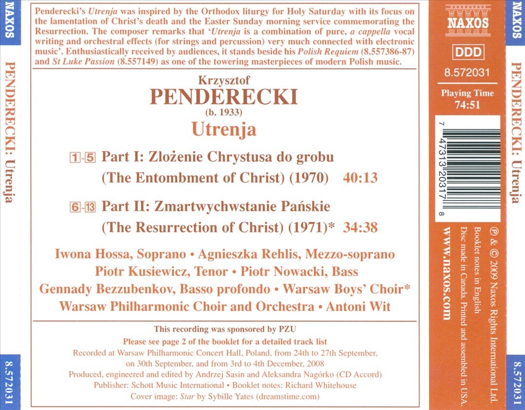 KRZYSZTOF PENDERECKI: UTRENJA NEW CD 747313203178| eBay