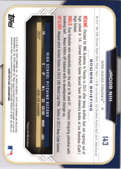 2015 Bowman Draft #143 Jacob Nix | eBay