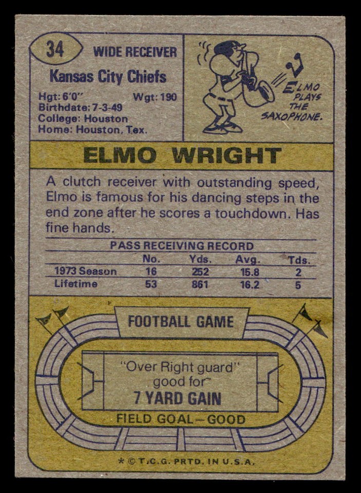 1974 Topps - Elmo Wright - Rookie RC #34 Kansas City Chiefs | eBay