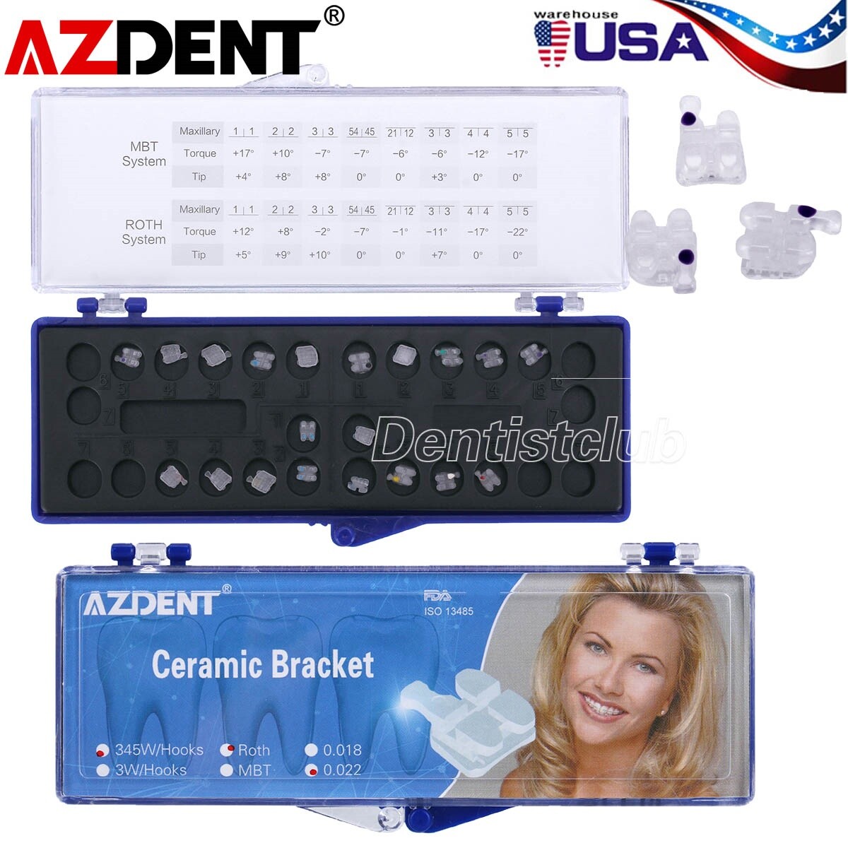Orthodontic Brackets AZDENT Clear Ceramic - Roth .022 Hooks 3/4/5 ...