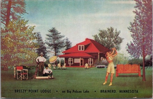 1950s BRAINERD, Massachusetts Postcard BREEZY POINT LODGE / Woman ...