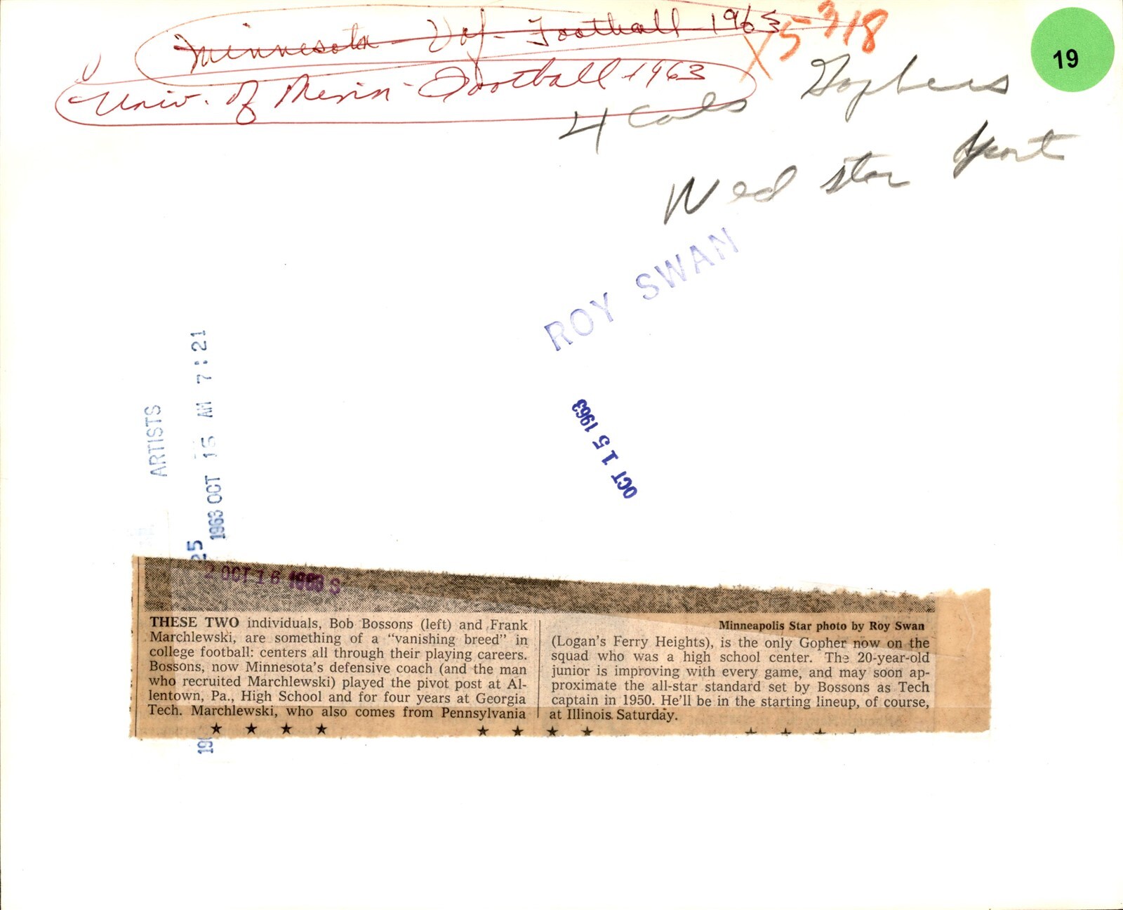 LD271 '63 Original Roy Swan Photo BOB BOSSONS FRANK MARCHLEWSKI GOPHERS ...