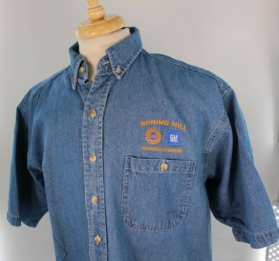 Vtg. Union Line Mens L T Union Made Denim UAW GM Spring Mill S/S Shirt ...