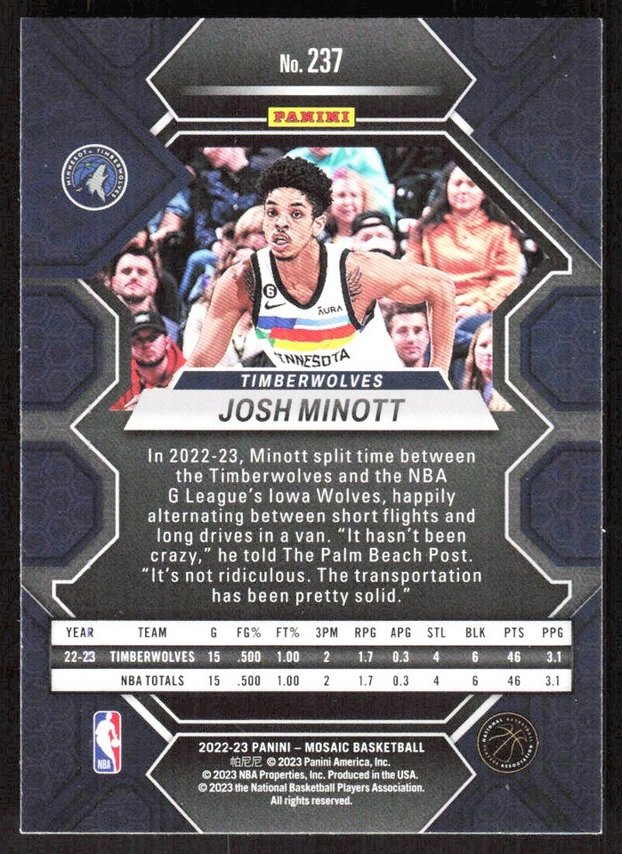 2022-23 8069B Panini Mosaic Josh Minott Rookie Minnesota Timberwolves ...