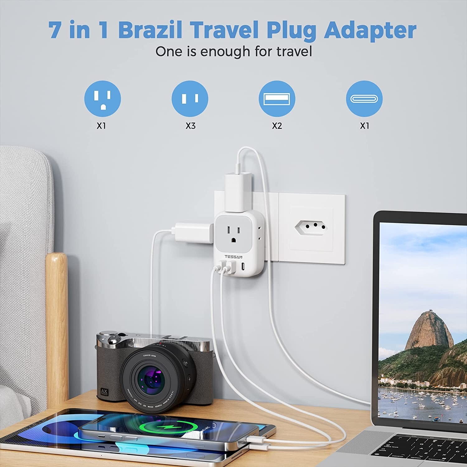 Brazil Power Plug Adapter 4 Outlet 3 USB Type N Portable for US to ...