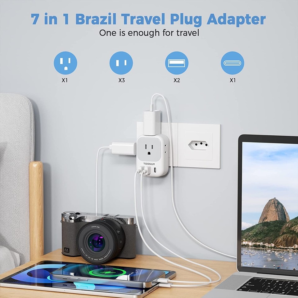 Brazil Power Plug Adapter 4 Outlet 3 USB Type N Portable for US to ...