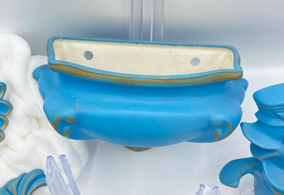 Rare Vintage Blue Ceramic Fish Family w/ Wall Pocket Planter Complete ...