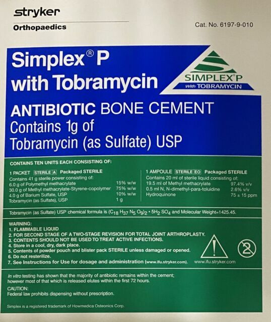 Stryker Simplex P with Tobramycin Antibiotic Bone Cement (6197-9-010 ...