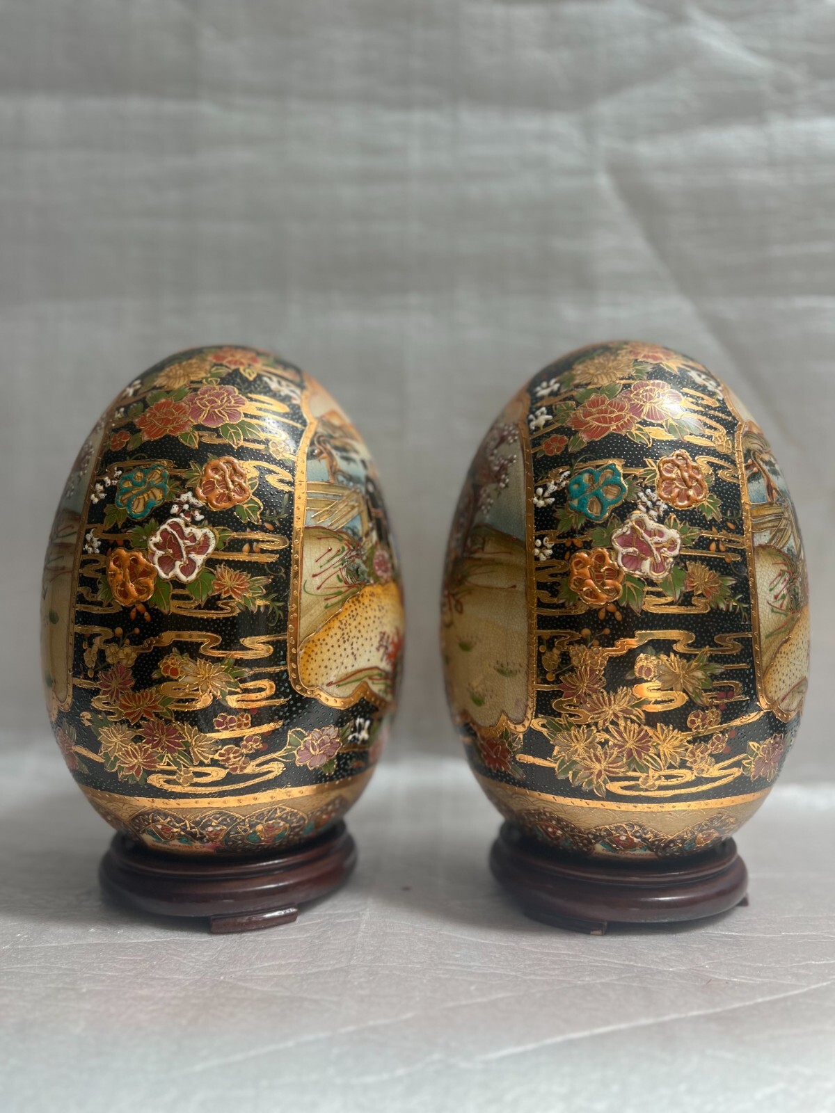 Pair Of Vintage Royal Satsuma Hand Painted Porcelain Enamel Eggs Gold ...