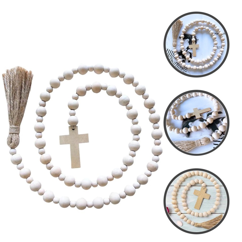 Easter Wooden Bead Pendant Hanging Tassel Bead String Party Cross ...