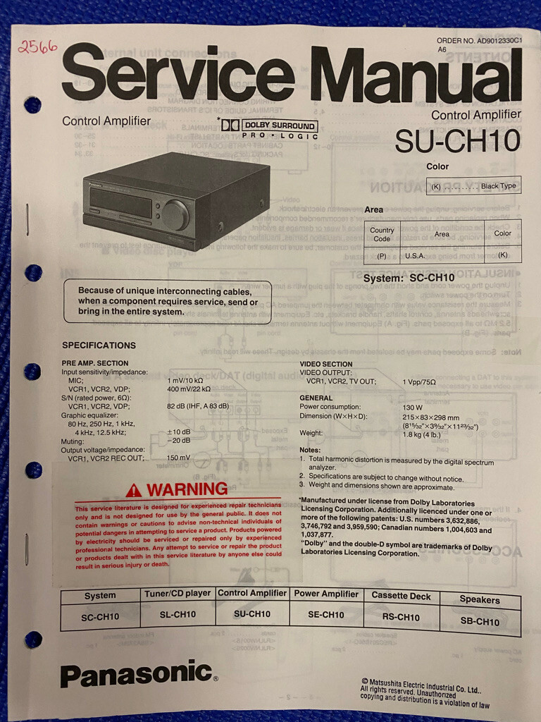 PANASONIC TECHNICS SU-CH10 SUCH10 Service Manual **ORIGINAL** 306 2566 ...