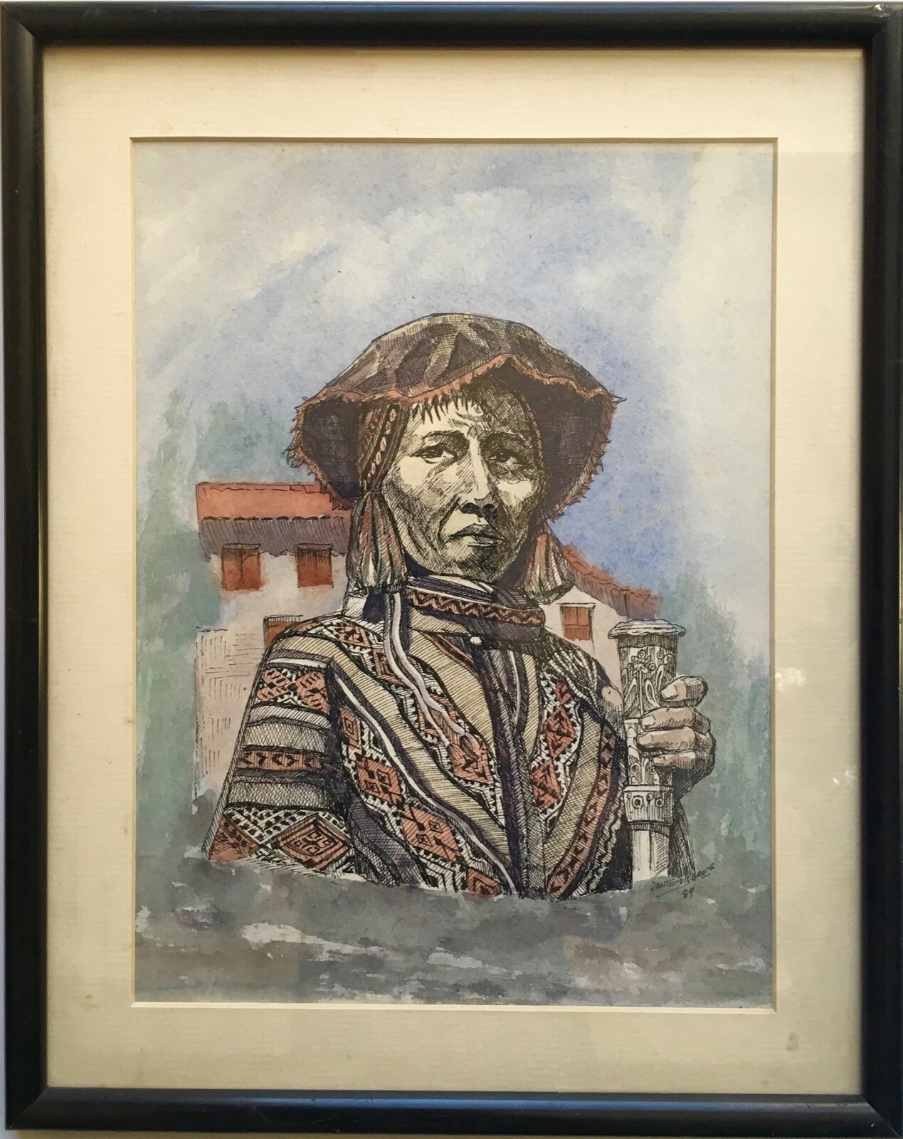 Vintage Original Portrait Painting Ink Drawing Andes Woman Quechua ...