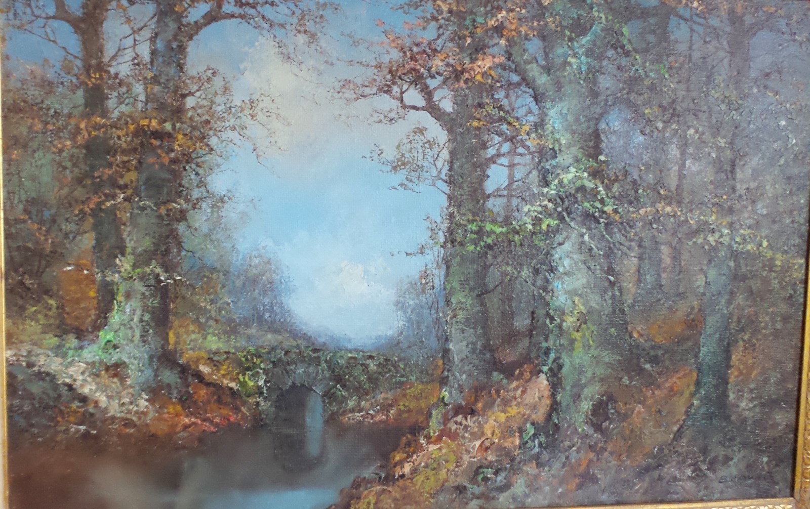 ANTIQUE ORIGINAL OIL PAINTING LANDSCAPE STONE BRIDGE SIGNED W. BRAUER ...