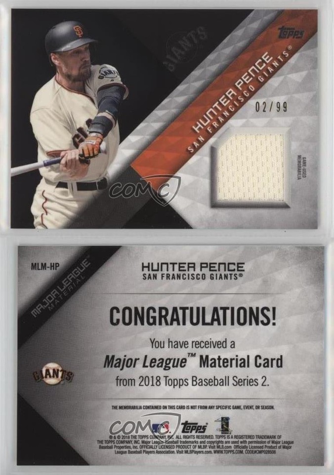 2018 Topps Major League Material Series 2 Black 2/99 Hunter Pence #MLM ...