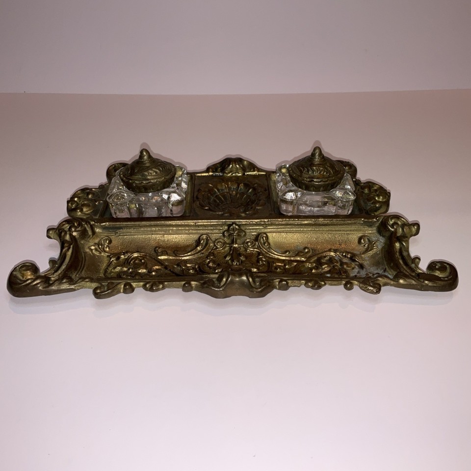Vintage Bronze InkWell with Pressed Glass Ink Jars Bottles Heavy Stand ...