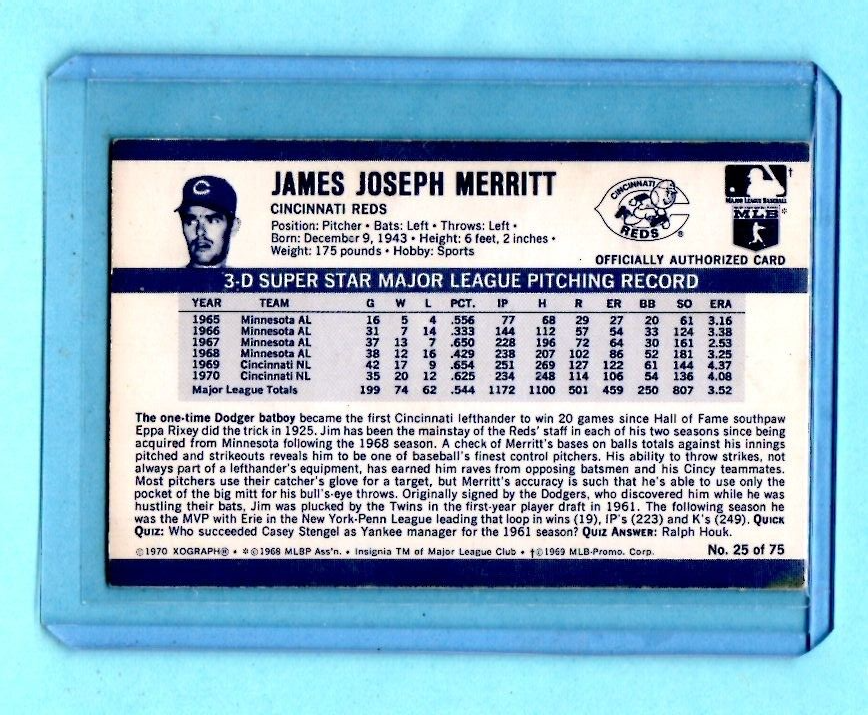 1971 KELLOGGS BASEBALL #25 JIM MERRITT CINCINNATI REDS CRACK FREE EX/MT ...