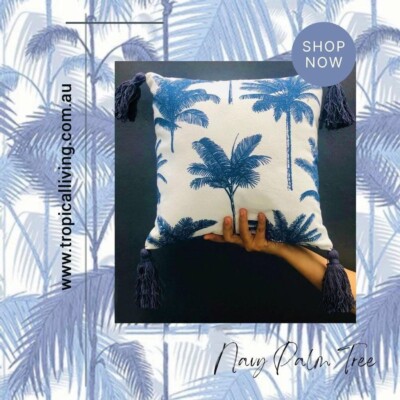 Balinese Linen Palm Tree Cushion Cover 40x40cm Navy Blue - Bali Cushion ...