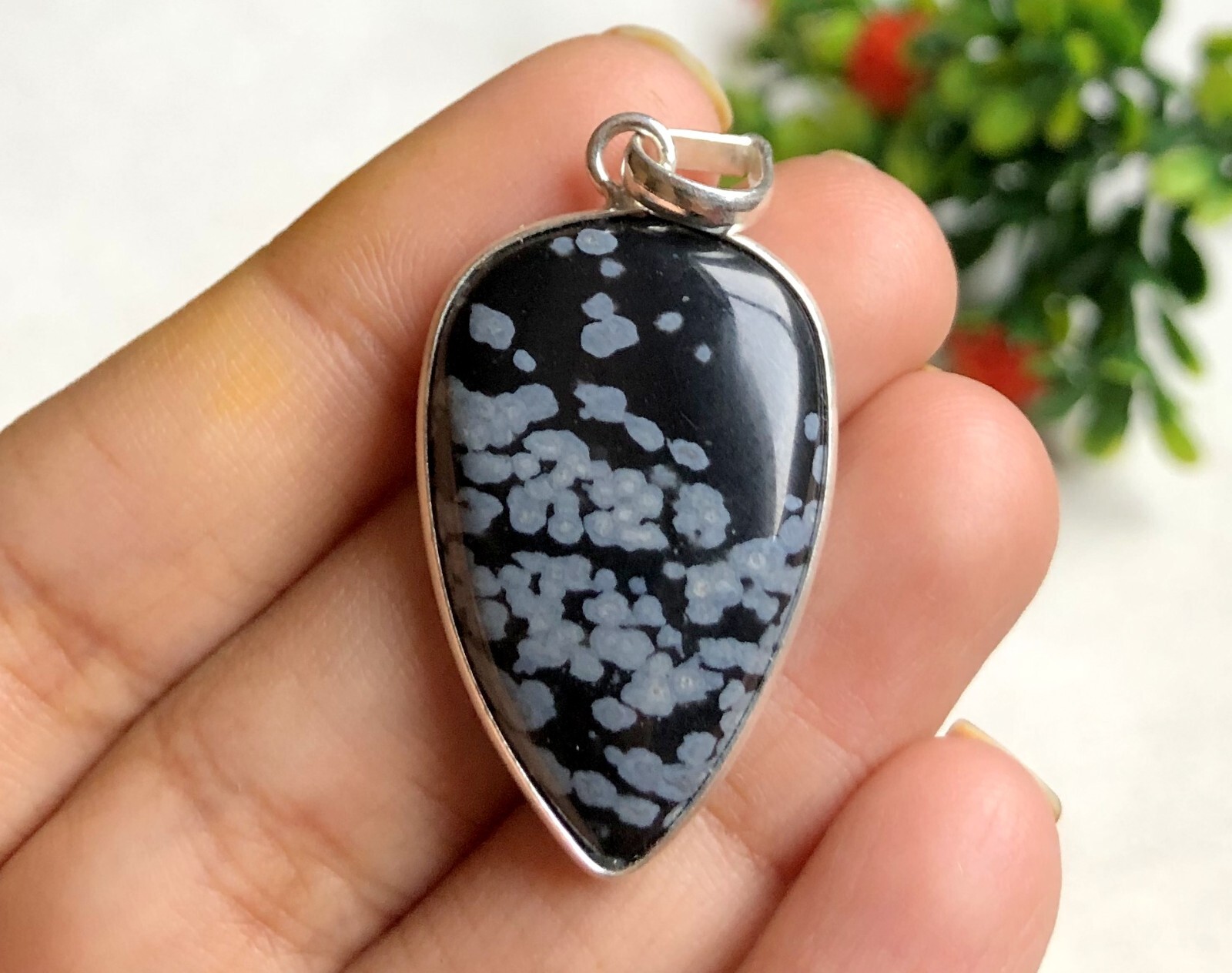 Snowflake Jasper Silver Overlay Pendant, Pear Shape Gemstone, 1.5 Inch ...