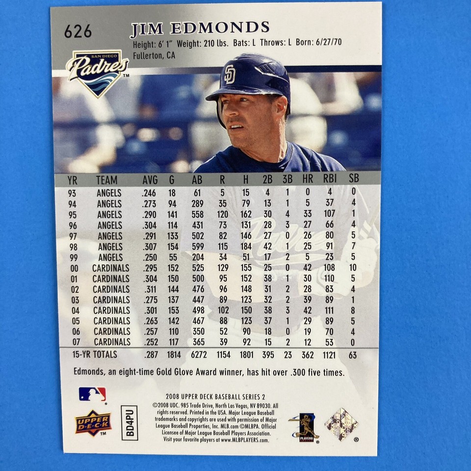 Jim Edmonds 2008 Upper Deck Card #626 MLB San Diego Padres | eBay