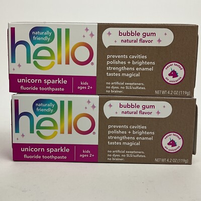 2 Hello Kids Unicorn Sparkle Toothpaste Bubble Gum Flavor 4.2 oz EXP 08 ...