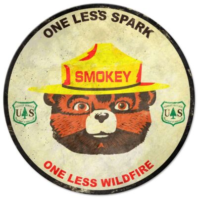 SMOKEY BEAR ONE LESS SPARK WILDFIRE 14" HEAVY DUTY USA MADE METAL AGED ...