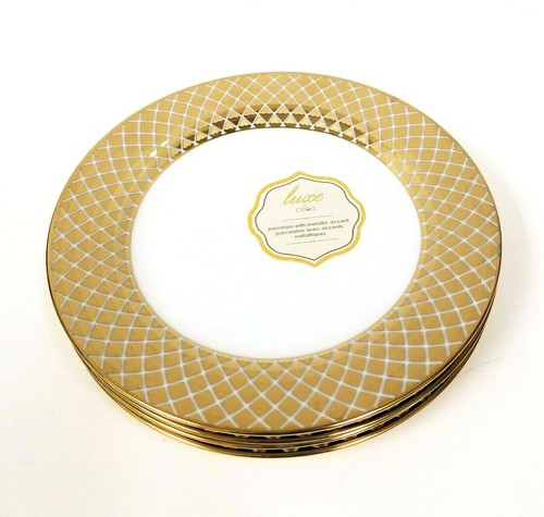 LUXE SET OF 4 PORCELAIN METALLIC GOLD DIAMOND PATTERN DINNER,SALAD ...