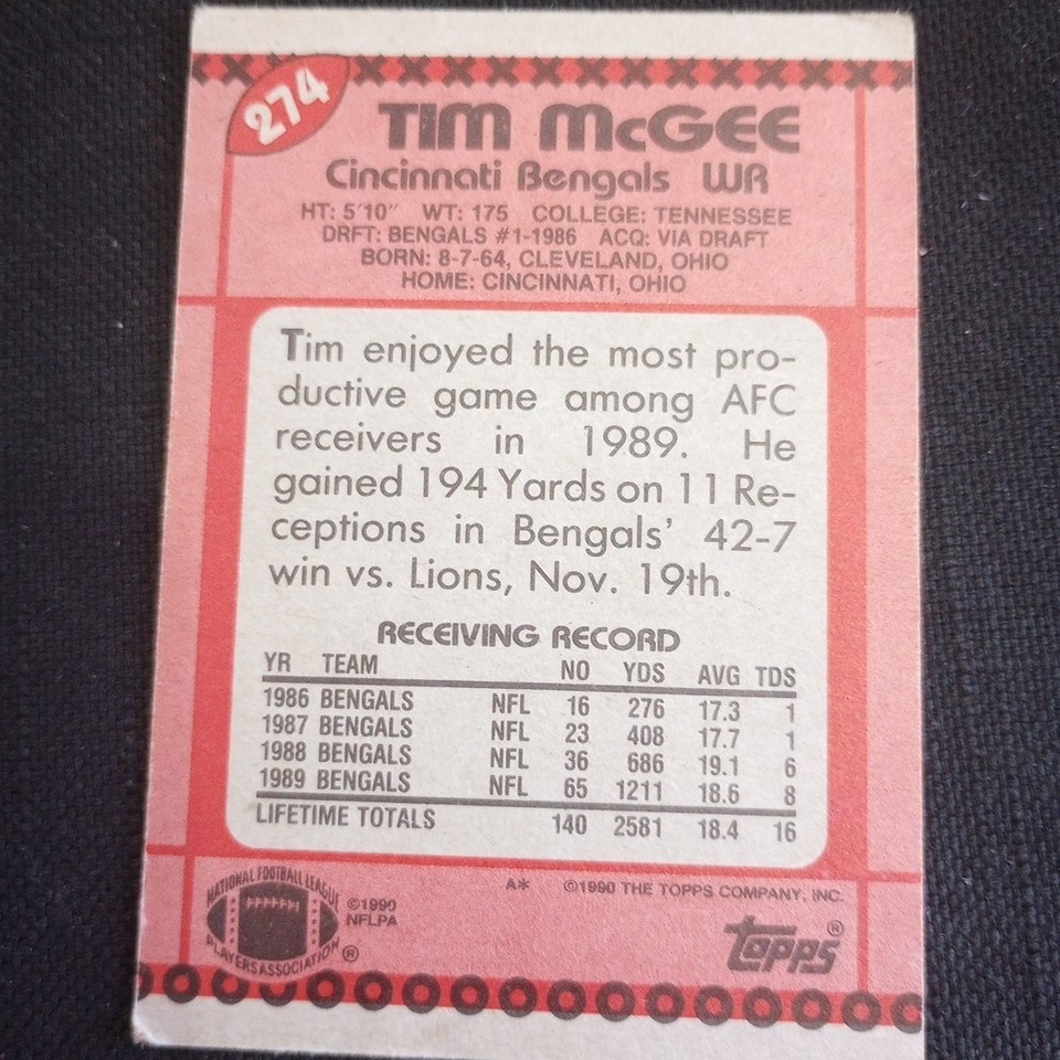 1990 TOPPS #274 TIM MCGEE Bengals NFL FOOTBALL CARD | eBay