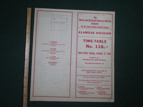 1929 D&RGW Rio Grande Southern - Alamosa Division ETT 116 Employee Timetable A17 | eBay
