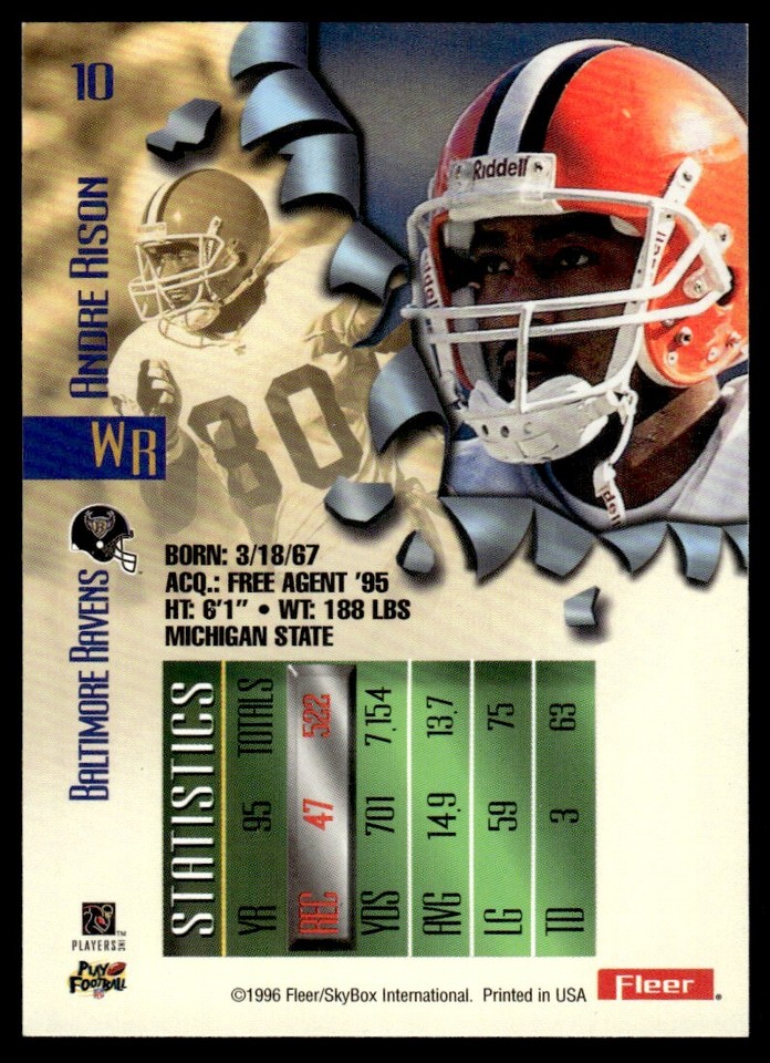 1996 Fleer Metal Football Card Andre Rison Baltimore Ravens #10 | eBay