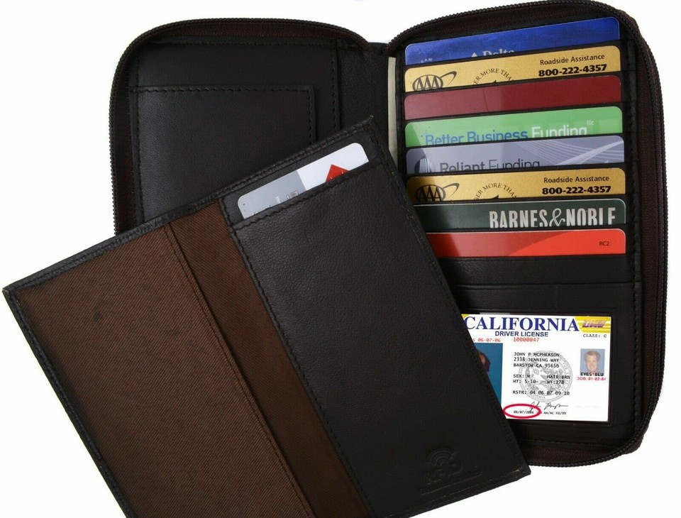 RFID Blocking Genuine Leather Checkbook Secretary Wallet 2 Zipper Card ...