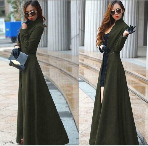 Womens Wool Blend Floor Length Winter Slim Split Stand Collar Dress ...