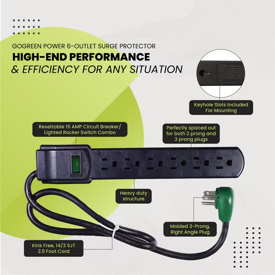 6 Outlet Surge Protector with 3 Ft. Heavy Duty Cord - Black | eBay