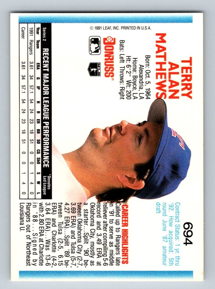 1992 Donruss #694 Terry Mathews Texas Rangers Rookie | eBay
