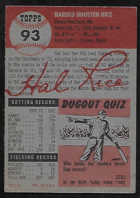 1953 Topps #93 Hal Rice St. Louis Cardinals Nice! | eBay